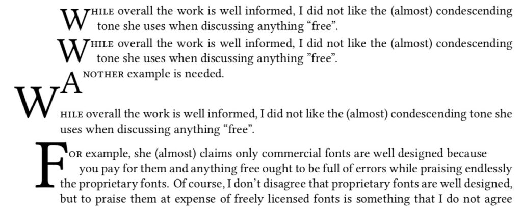 Making the first letter decorative, large and capital in a text using ...